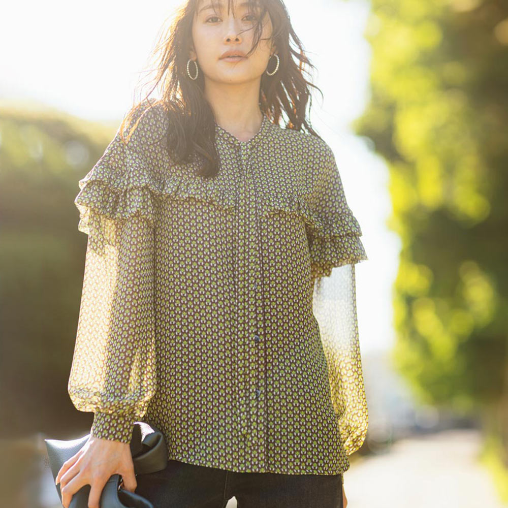 幾何学柄プリント ボウタイ フリル ブラウス 通販 - ディノス